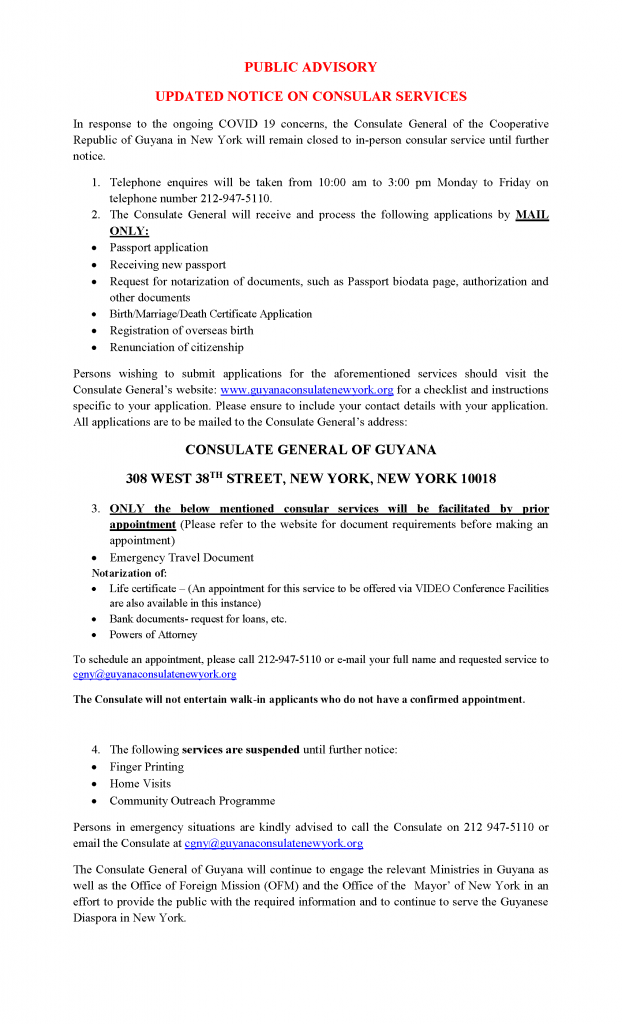 Public Advisory for Updated Consular Services